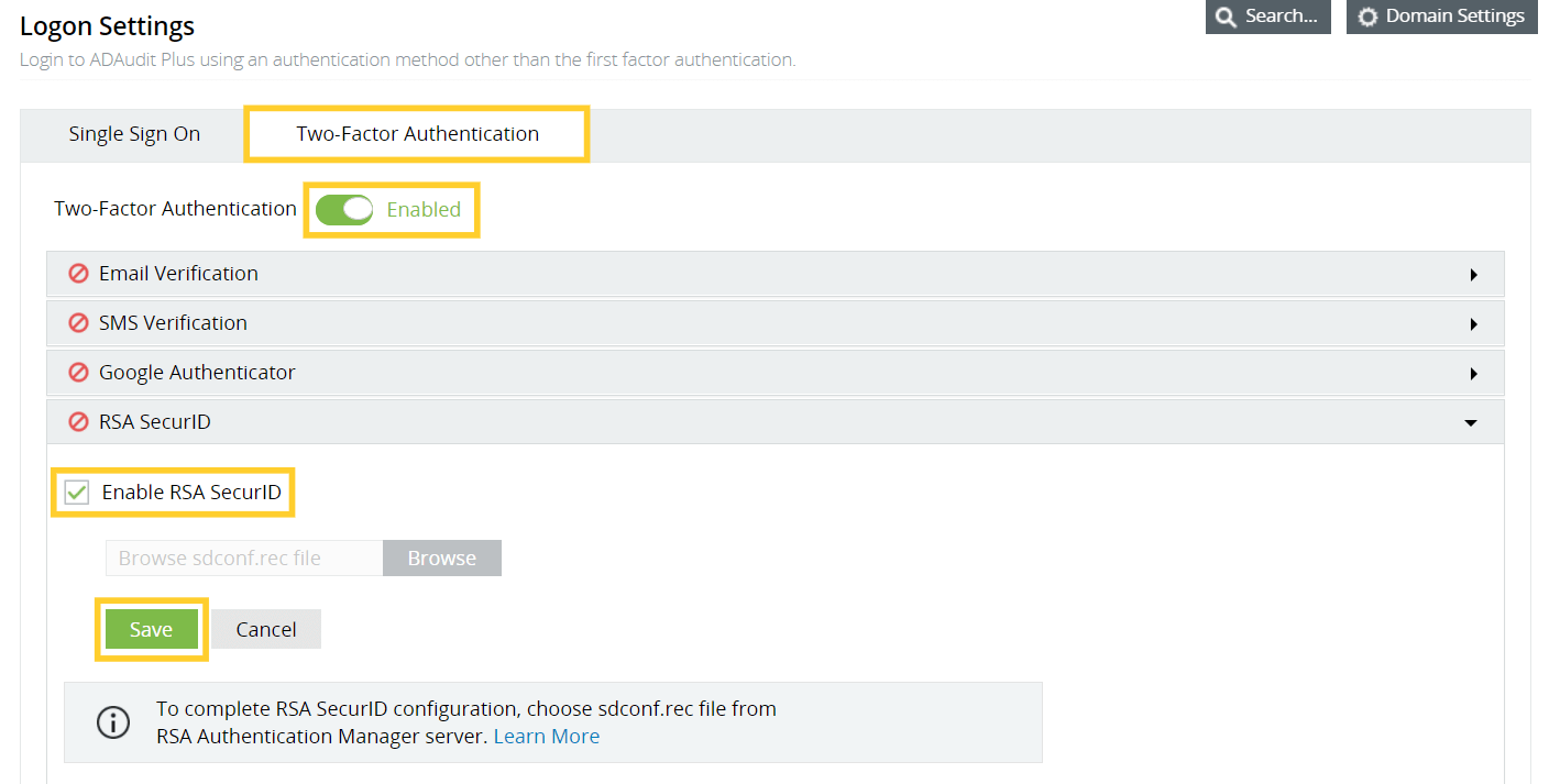 RSA SecurID | 2FA | ManageEngine ADAudit Plus
